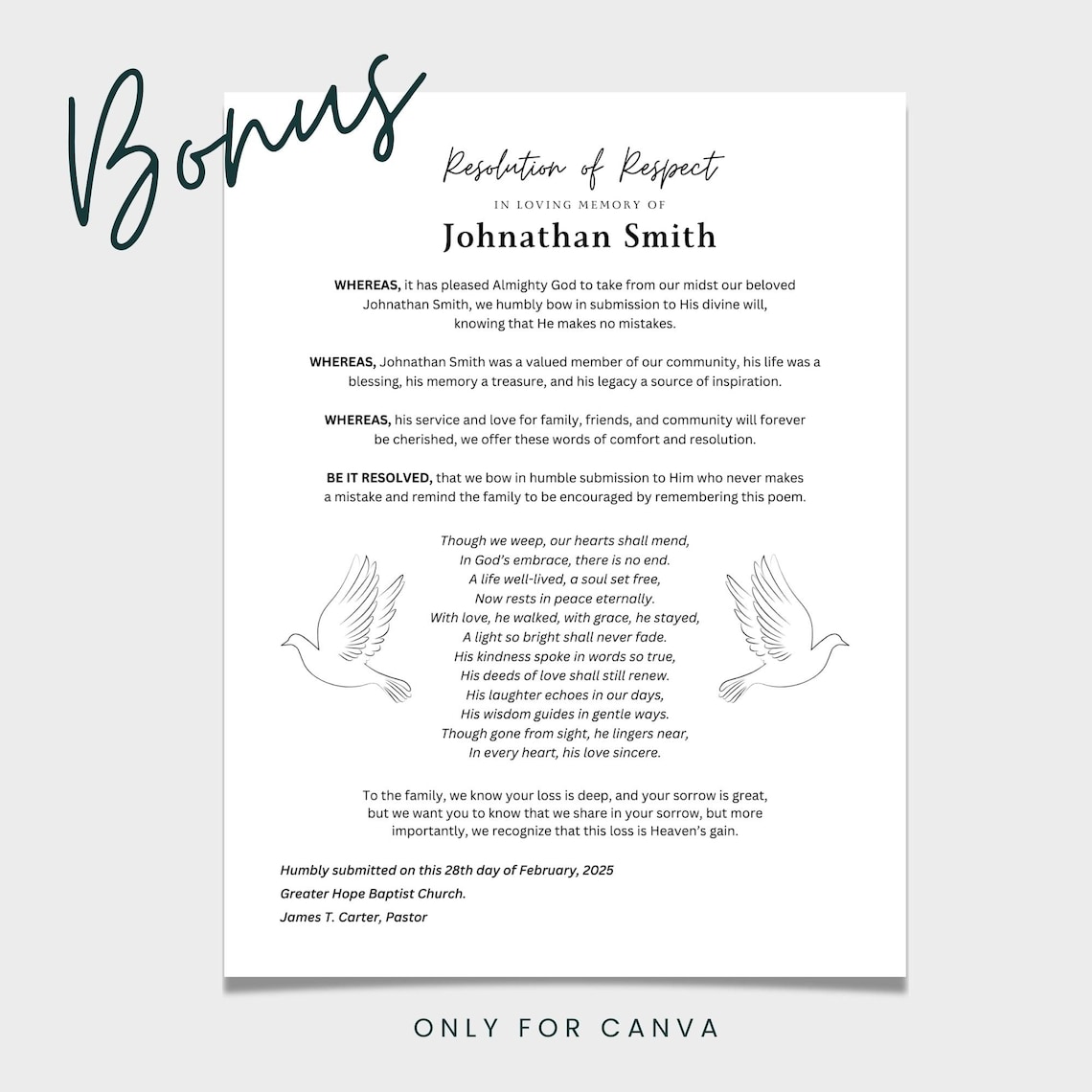 Funeral Resolution Letter for Classmate, Memorial Resolution for Friend ...