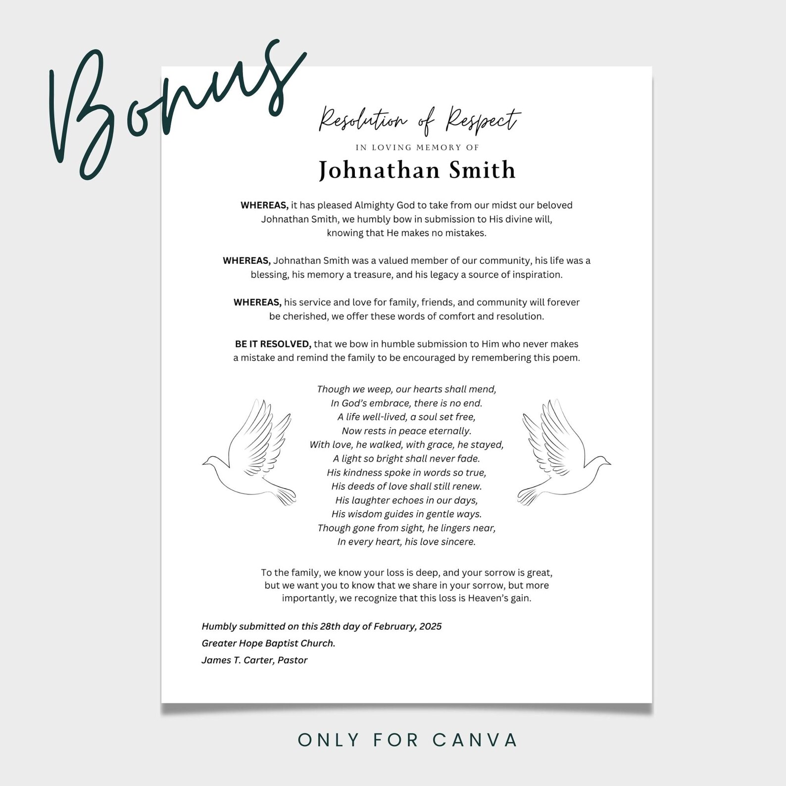 Funeral Resolution Letter for Classmate, Memorial Resolution for Friend ...