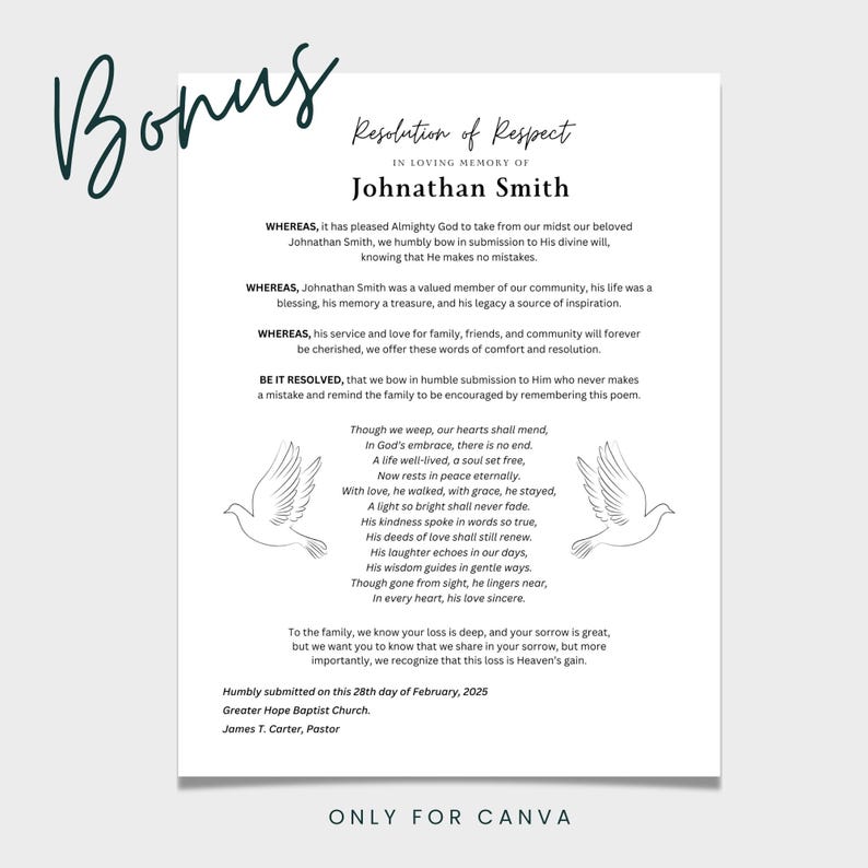 Funeral Resolution Letter for Classmate, Memorial Resolution for Friend ...