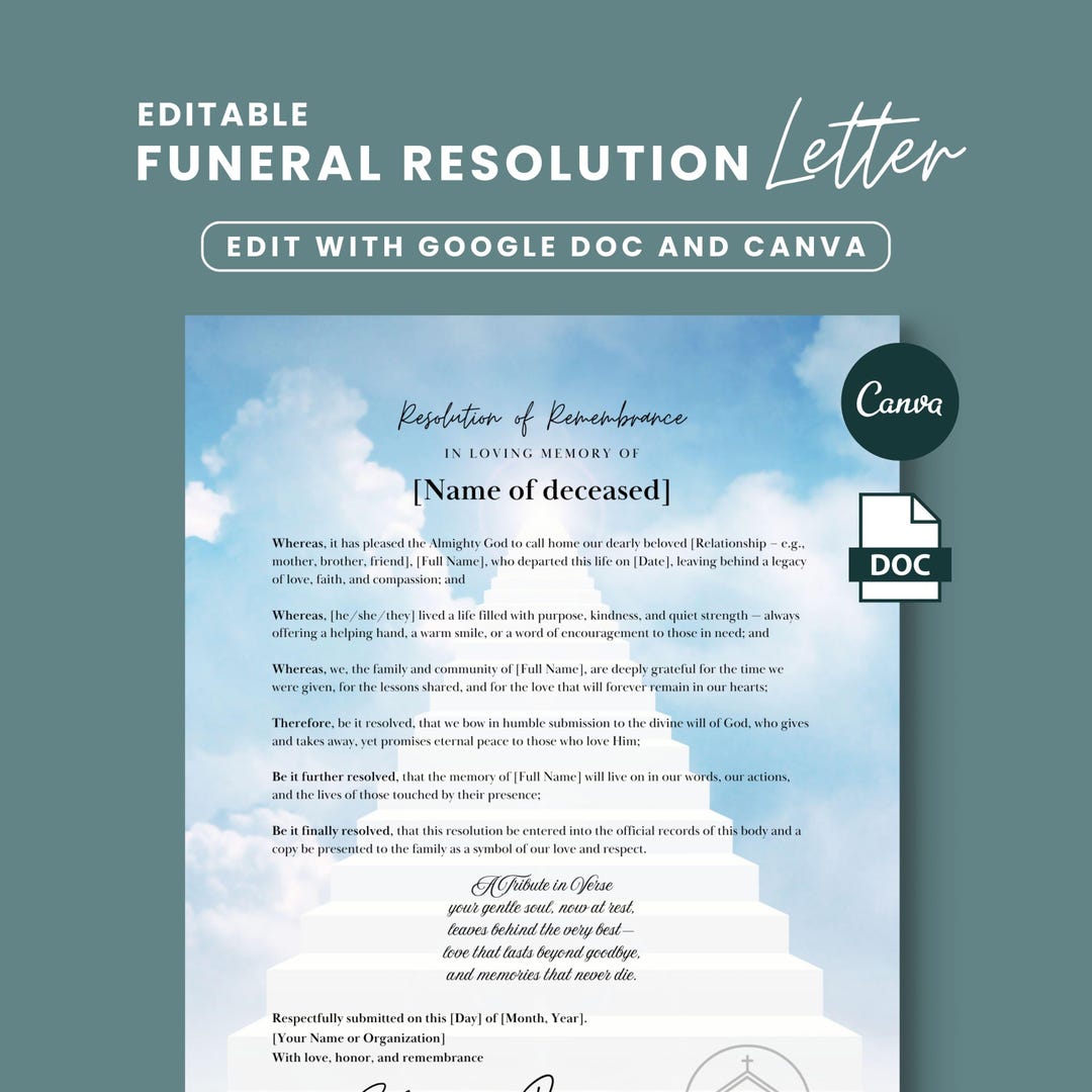 Funeral Resolution Letter, Memorial Resolution, in Loving Memory ...
