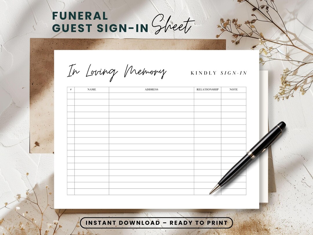 Funeral Guest Sign In, Funeral Sign In, in Loving Memory, Celebration ...