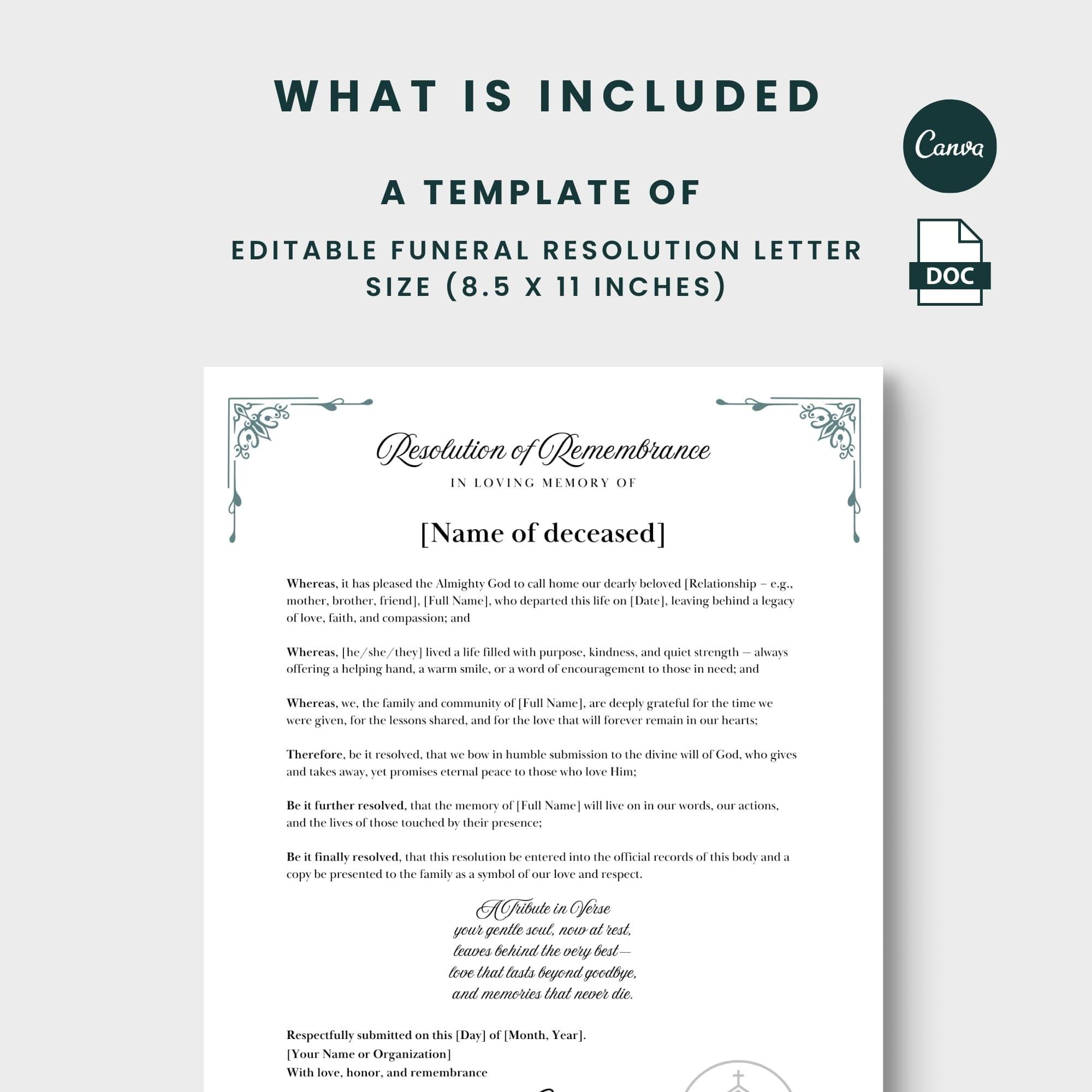 Funeral Resolution Letter, Memorial Resolution, in Loving Memory ...