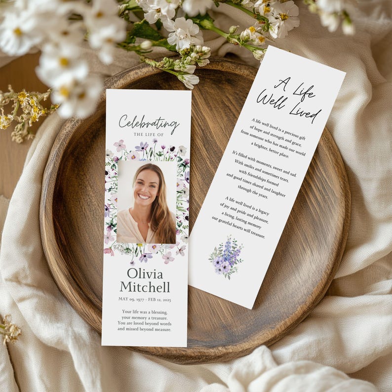 Minimal Memorial Bookmark Template, Custom Funeral Favor, Funeral ...