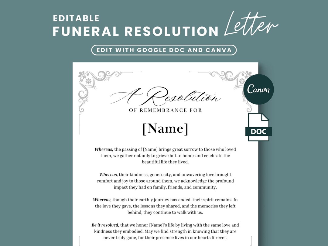 Funeral Resolution Letter, Memorial Resolution, in Loving Memory ...
