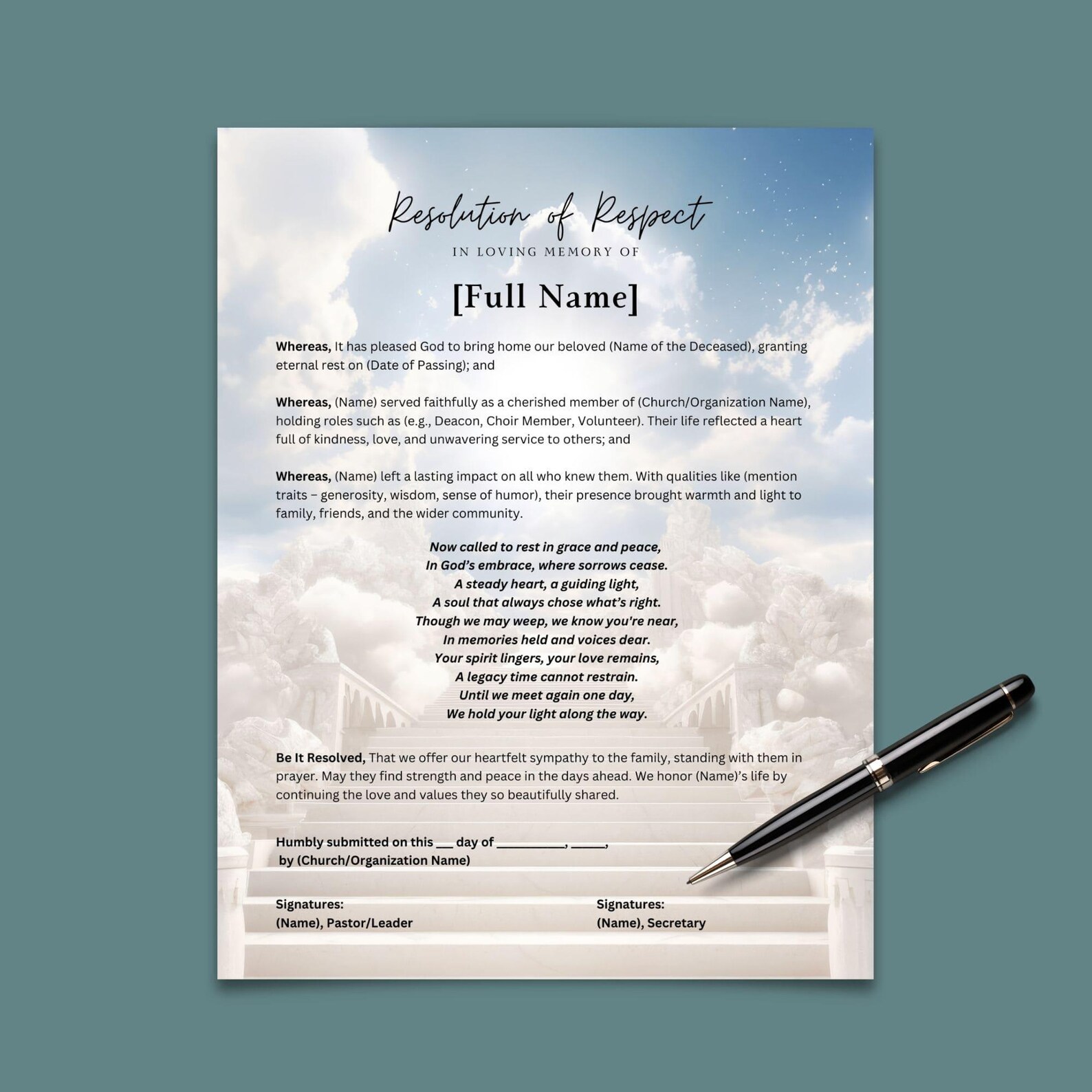 Funeral Resolution Letter, Memorial Resolution, in Loving Memory ...