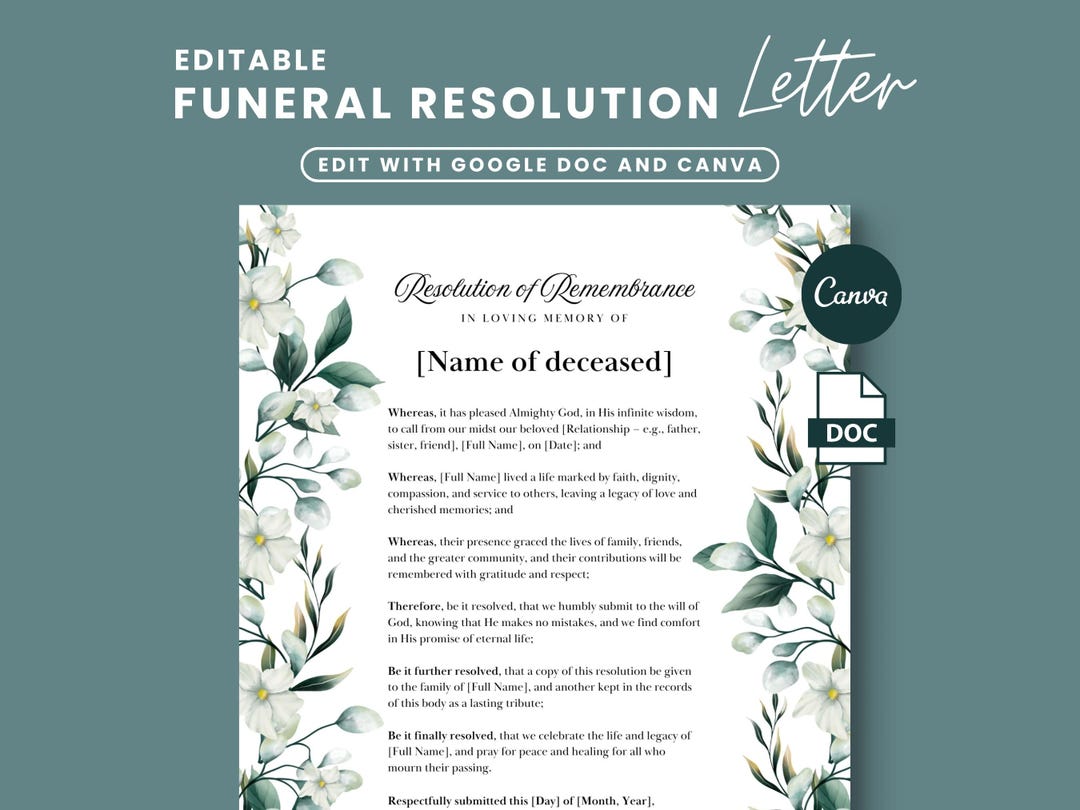 Funeral Resolution Letter, Memorial Resolution, in Loving Memory ...