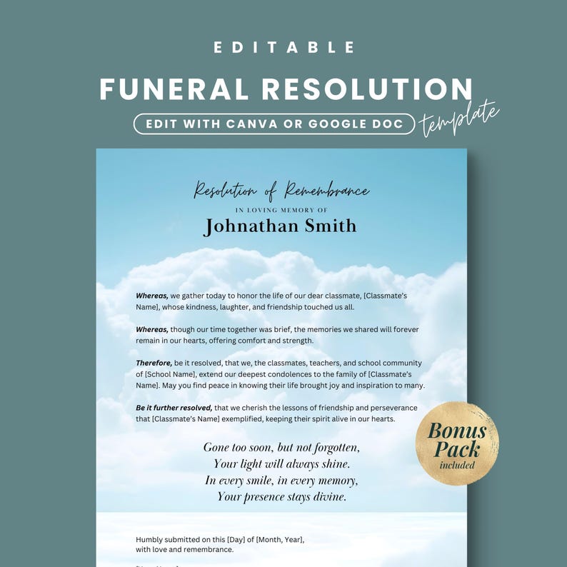 Funeral Resolution Letter for Classmate, Memorial Resolution for Friend ...