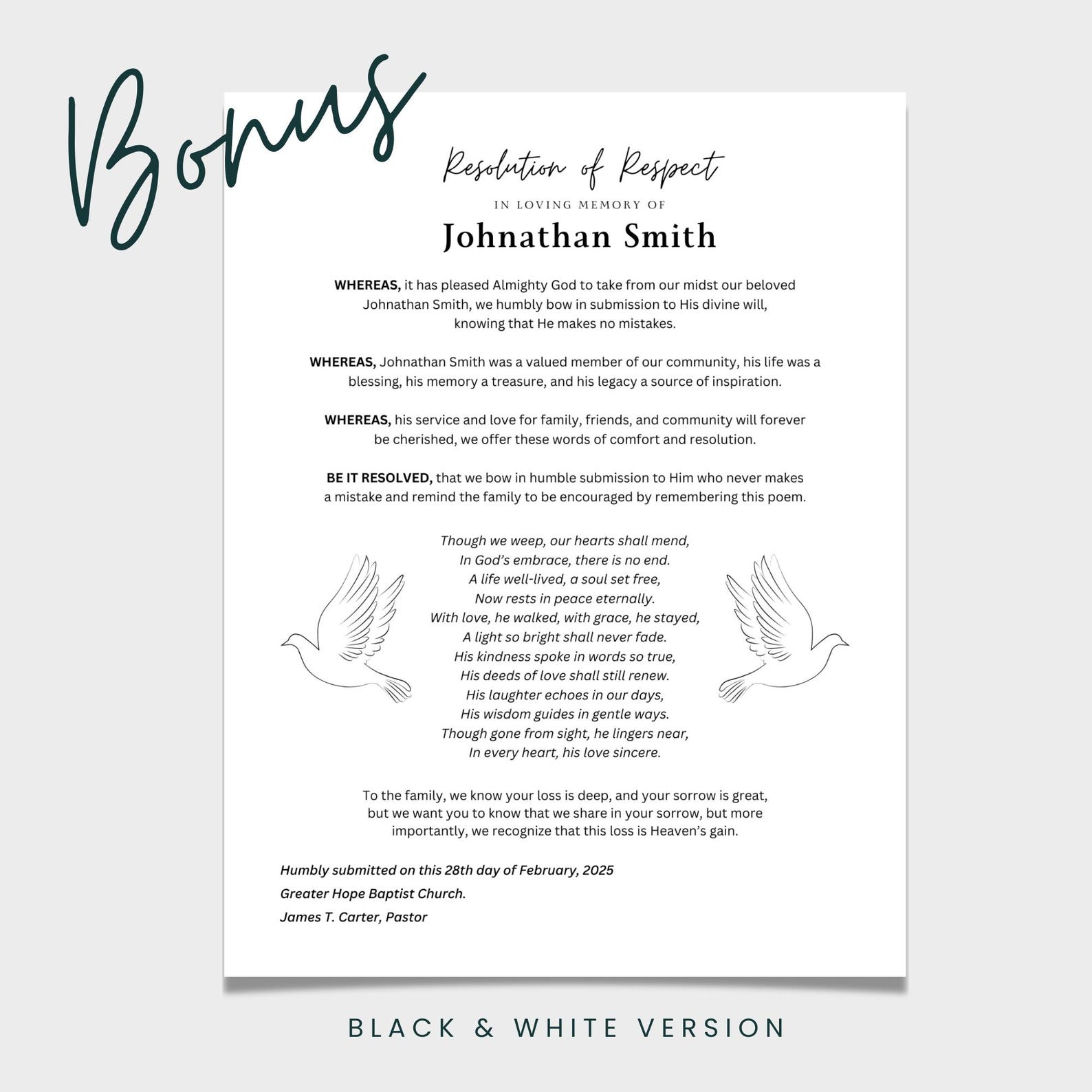 Funeral Resolution Letter, Memorial Resolution, in Loving Memory ...