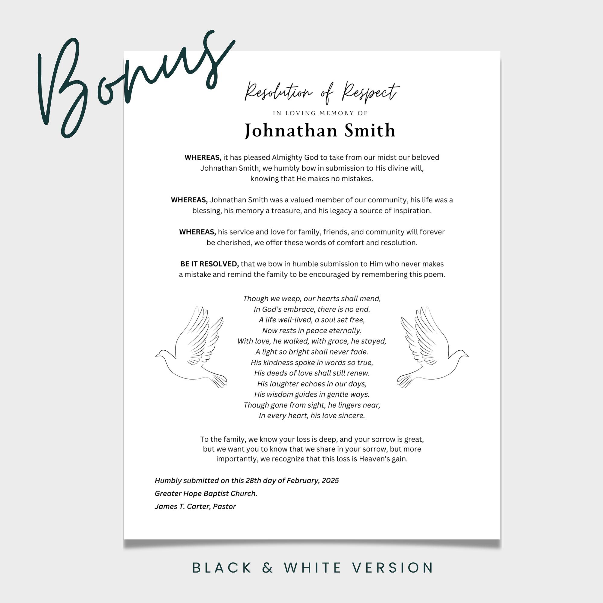 Funeral Resolution Letter, Memorial Resolution, in Loving Memory ...