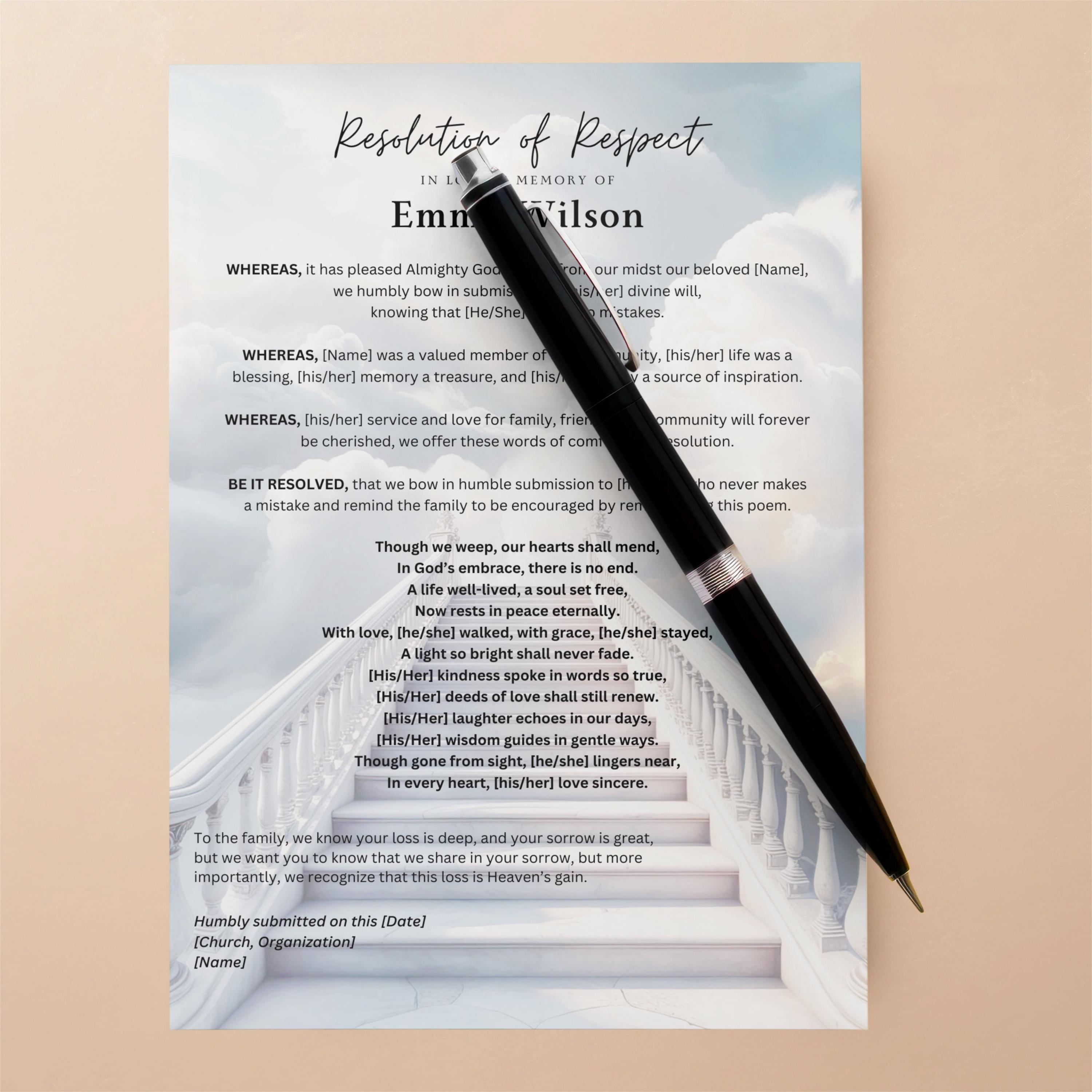 Funeral Resolution Letter, Memorial Resolution, in Loving Memory ...