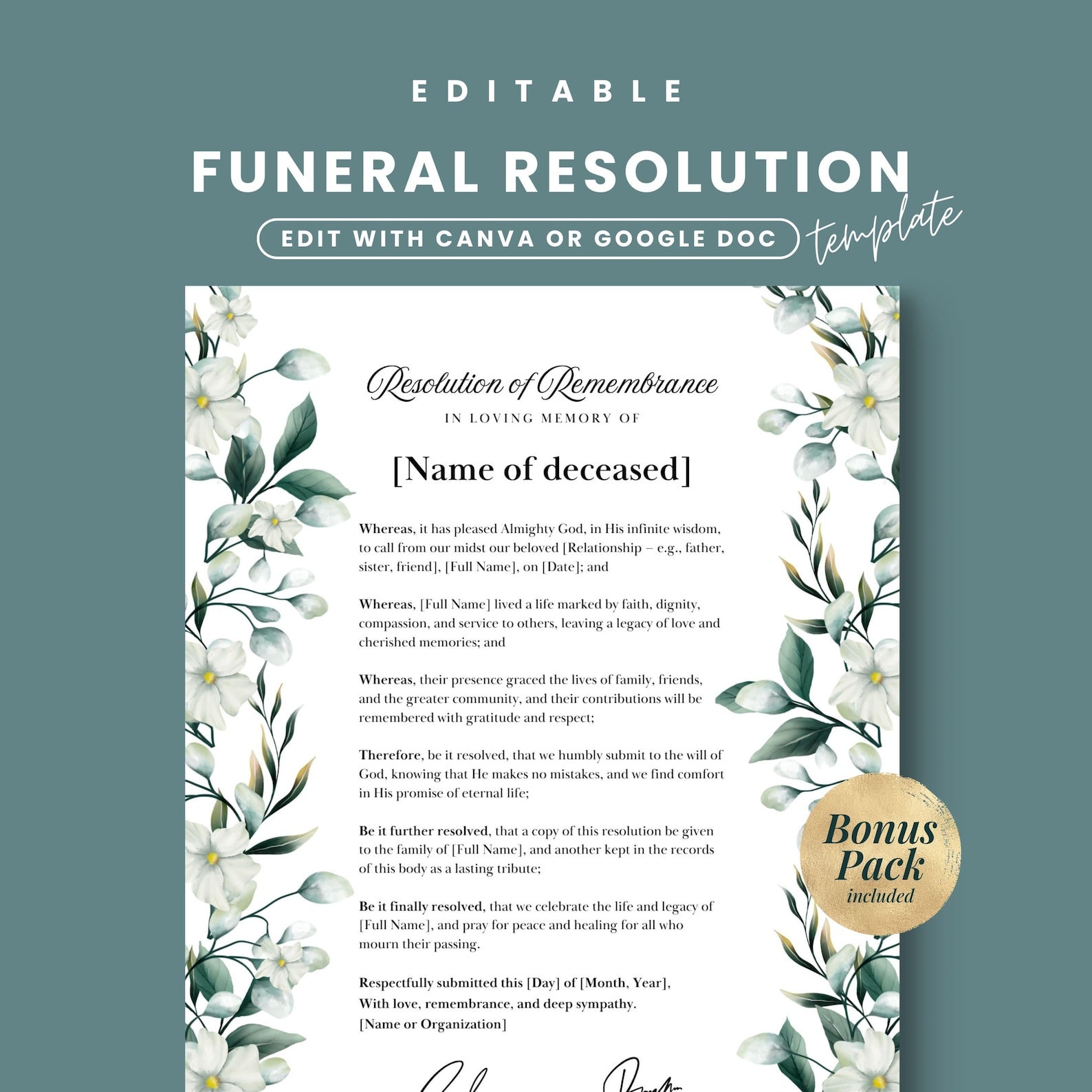Funeral Resolution Letter, Memorial Resolution, in Loving Memory ...