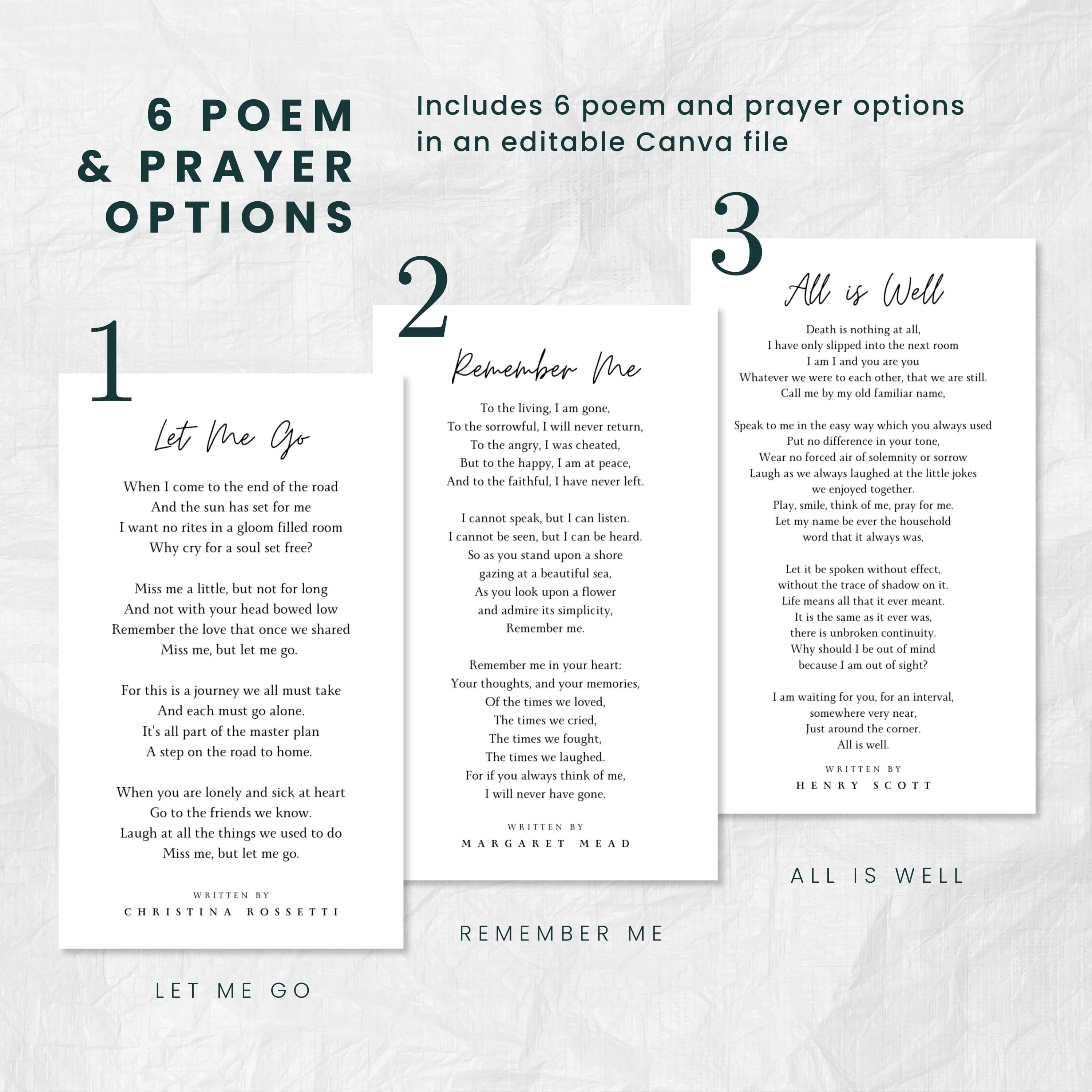 Funeral Prayer Card Template, Memorial Prayer Card, Funeral Poem ...