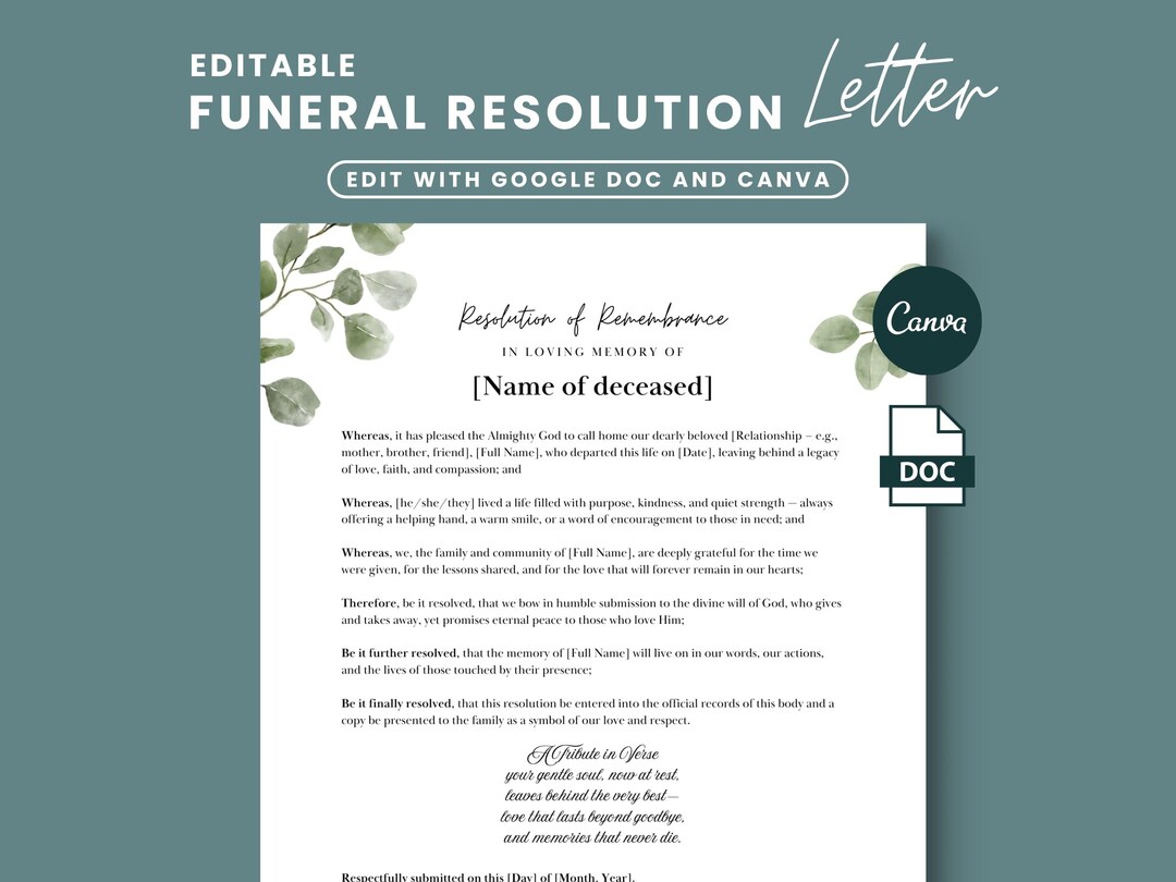Funeral Resolution Letter, Memorial Resolution, in Loving Memory ...