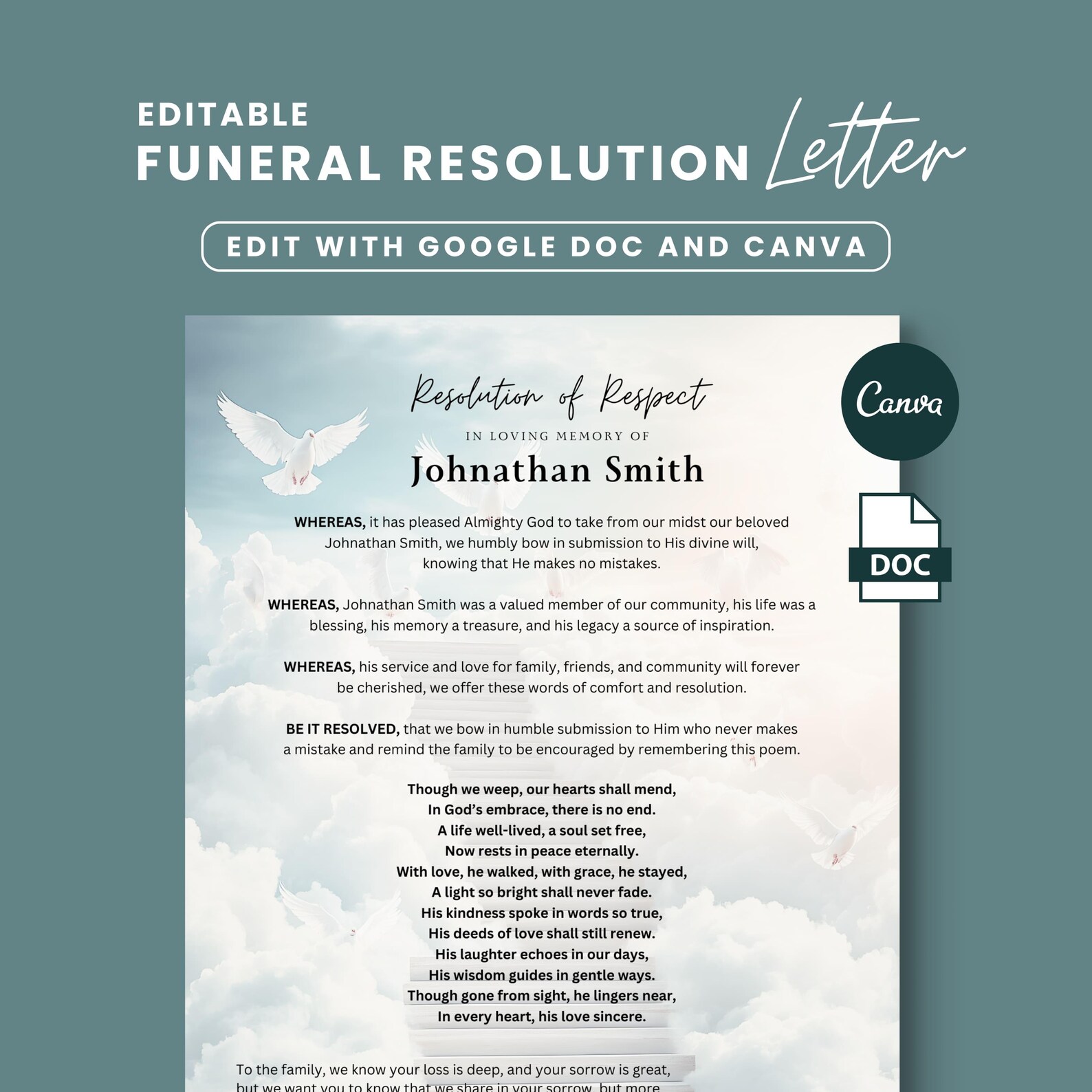 Funeral Resolution Letter, Memorial Resolution, in Loving Memory ...
