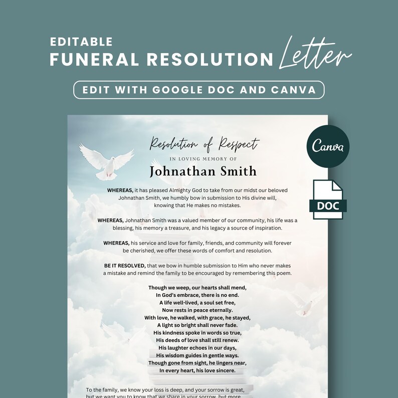Funeral Resolution Letter, Memorial Resolution, in Loving Memory ...