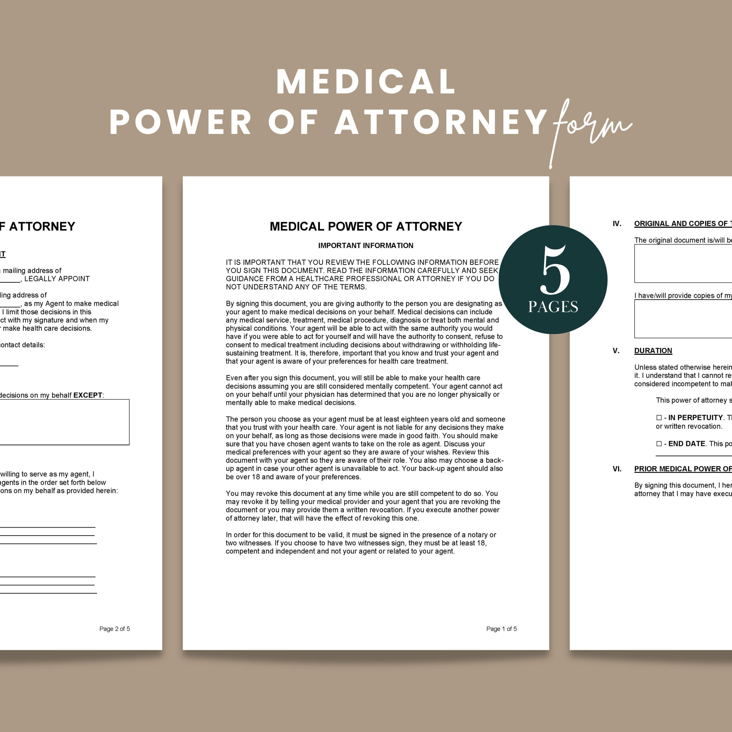 Printable Medical Power of Attorney Template, Medical Directive, POA ...