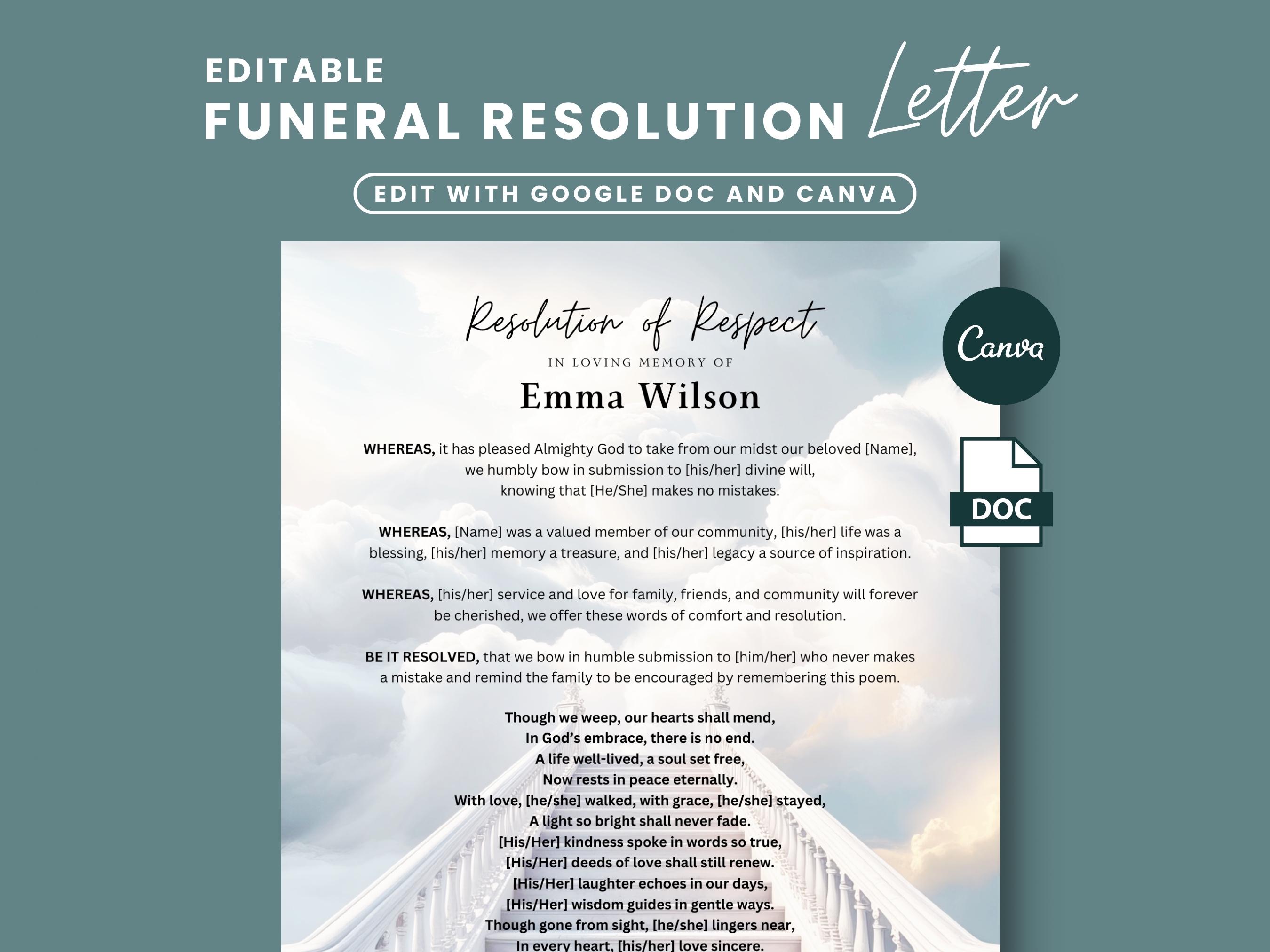 Funeral Resolution Letter, Memorial Resolution, in Loving Memory ...