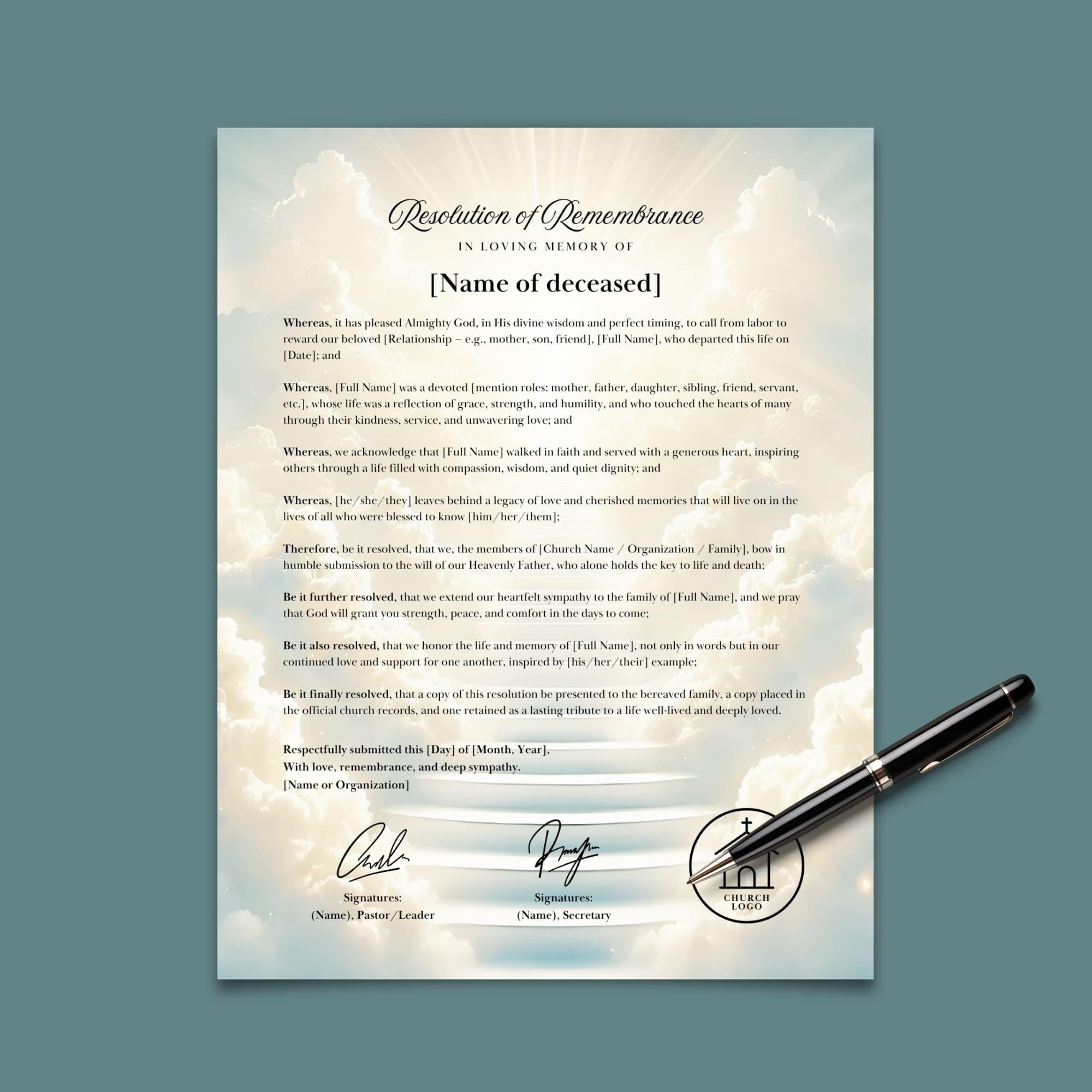Funeral Resolution Letter, Memorial Resolution, in Loving Memory ...