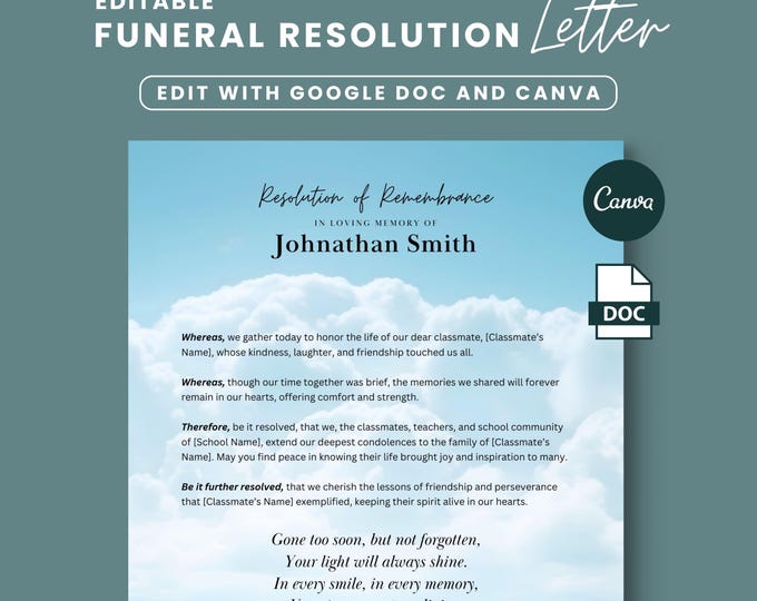 Funeral Resolution Letter, Memorial Resolution, in Loving Memory ...