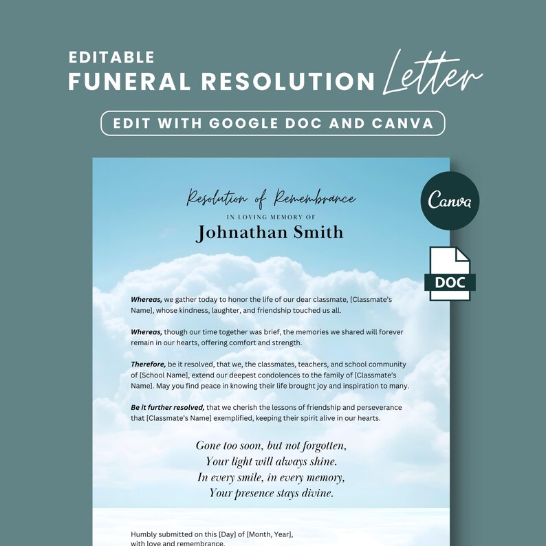 Funeral Resolution Letter for Classmate, Memorial Resolution for Friend ...