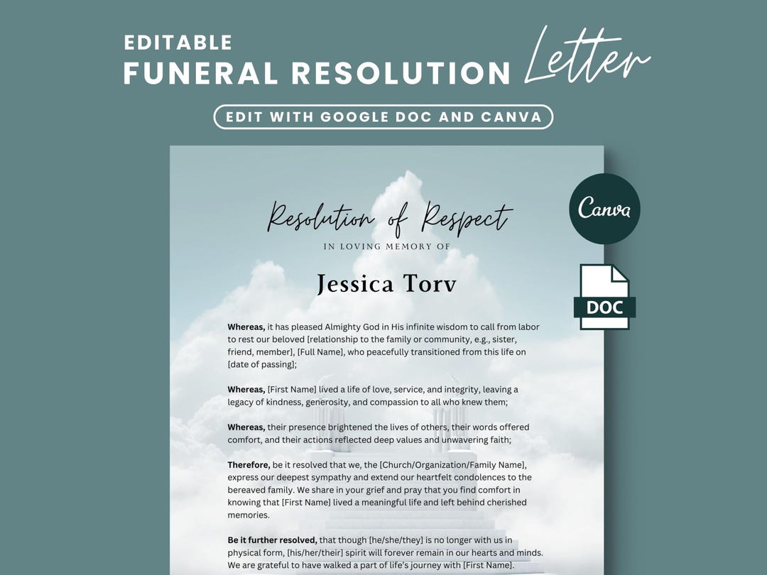 Funeral Resolution Letter, Memorial Resolution, in Loving Memory ...