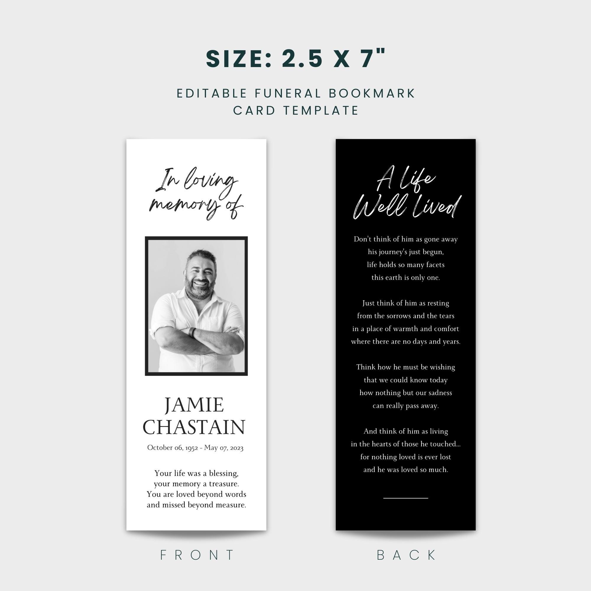 Minimal Memorial Bookmark Template, Custom Funeral Favor, Funeral ...