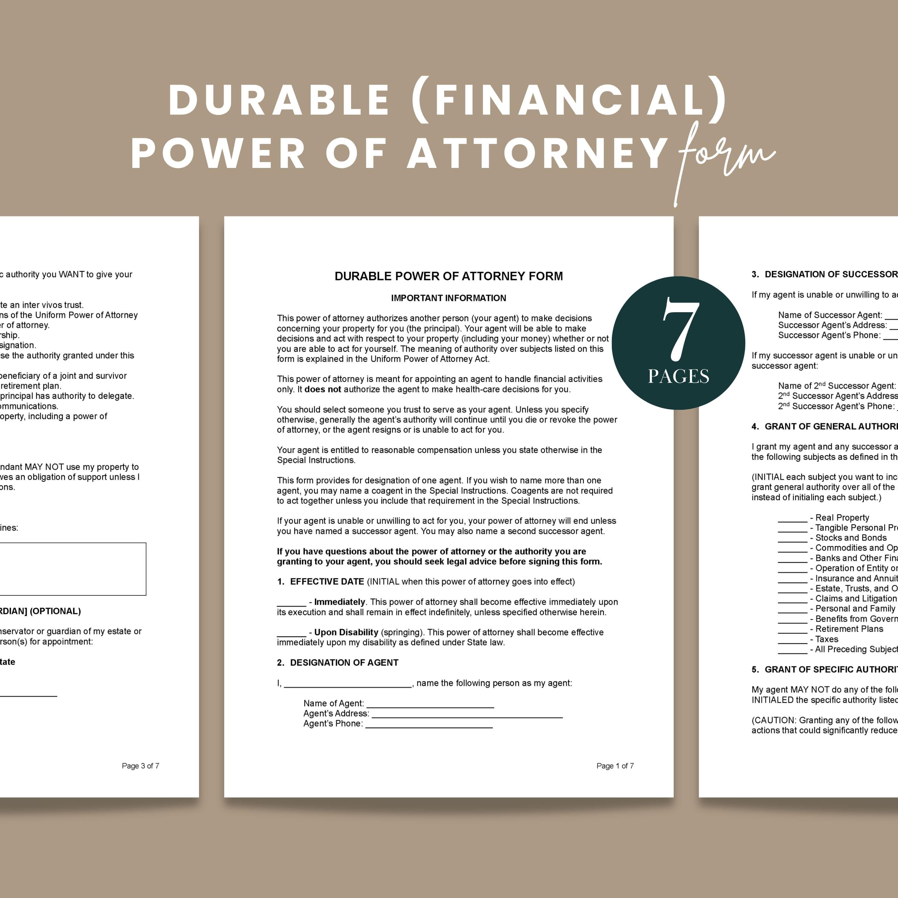 Printable Durable Power of Attorney Template, Financial Power of ...