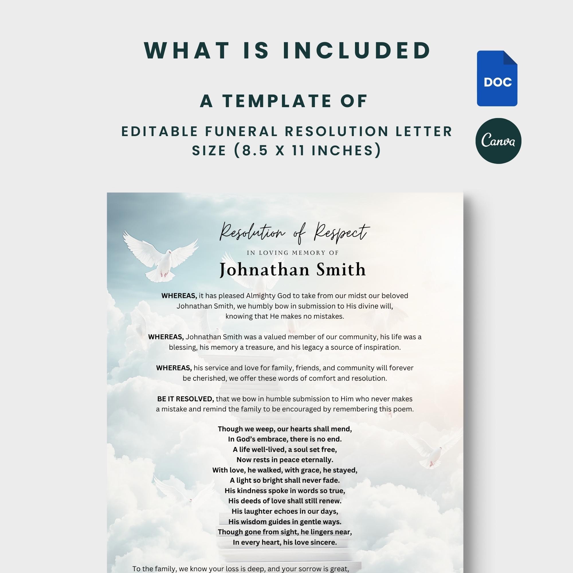 Funeral Resolution Letter, Memorial Resolution, in Loving Memory ...