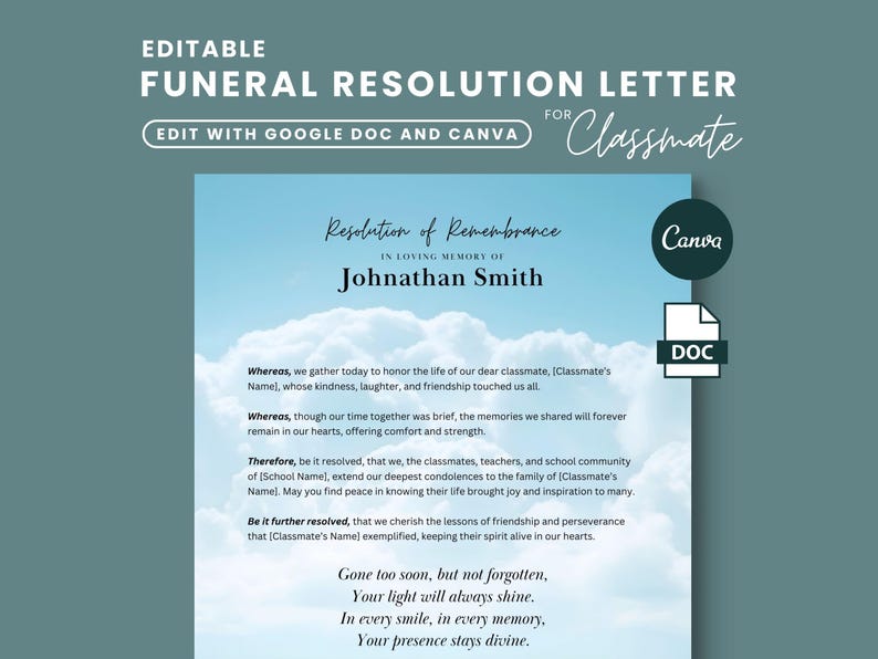 Funeral Resolution Letter for Classmate, Memorial Resolution for Friend ...