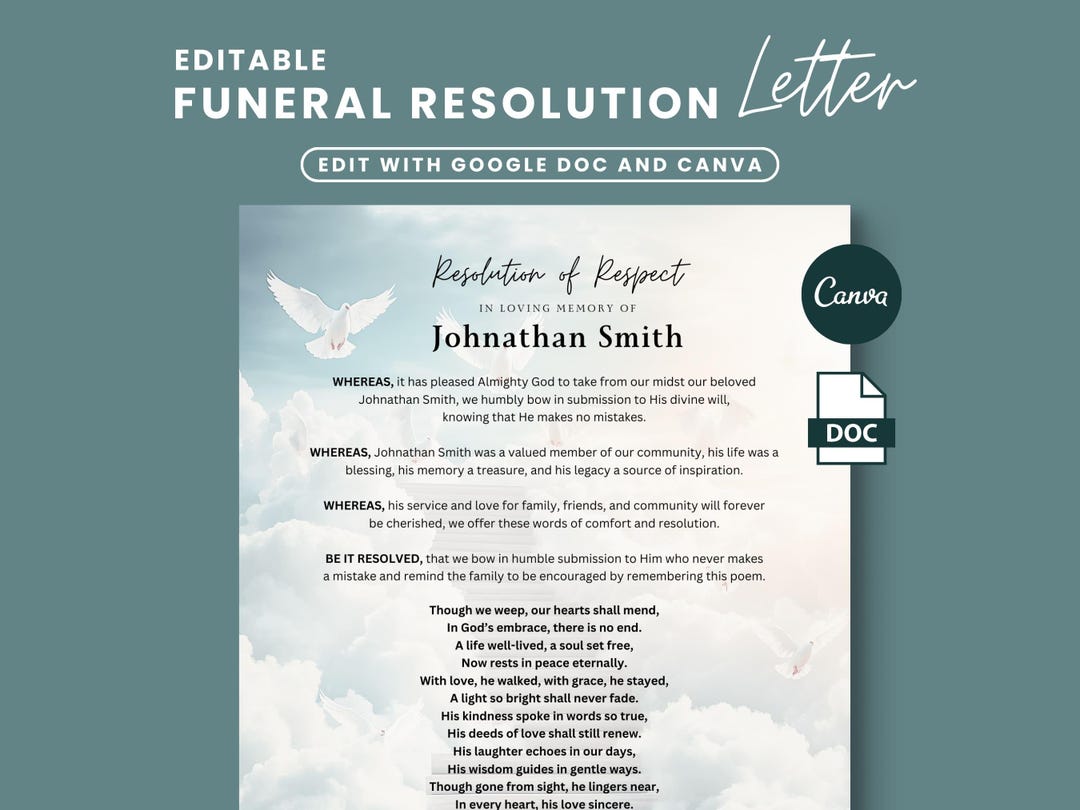 Funeral Resolution Letter, Memorial Resolution, in Loving Memory ...