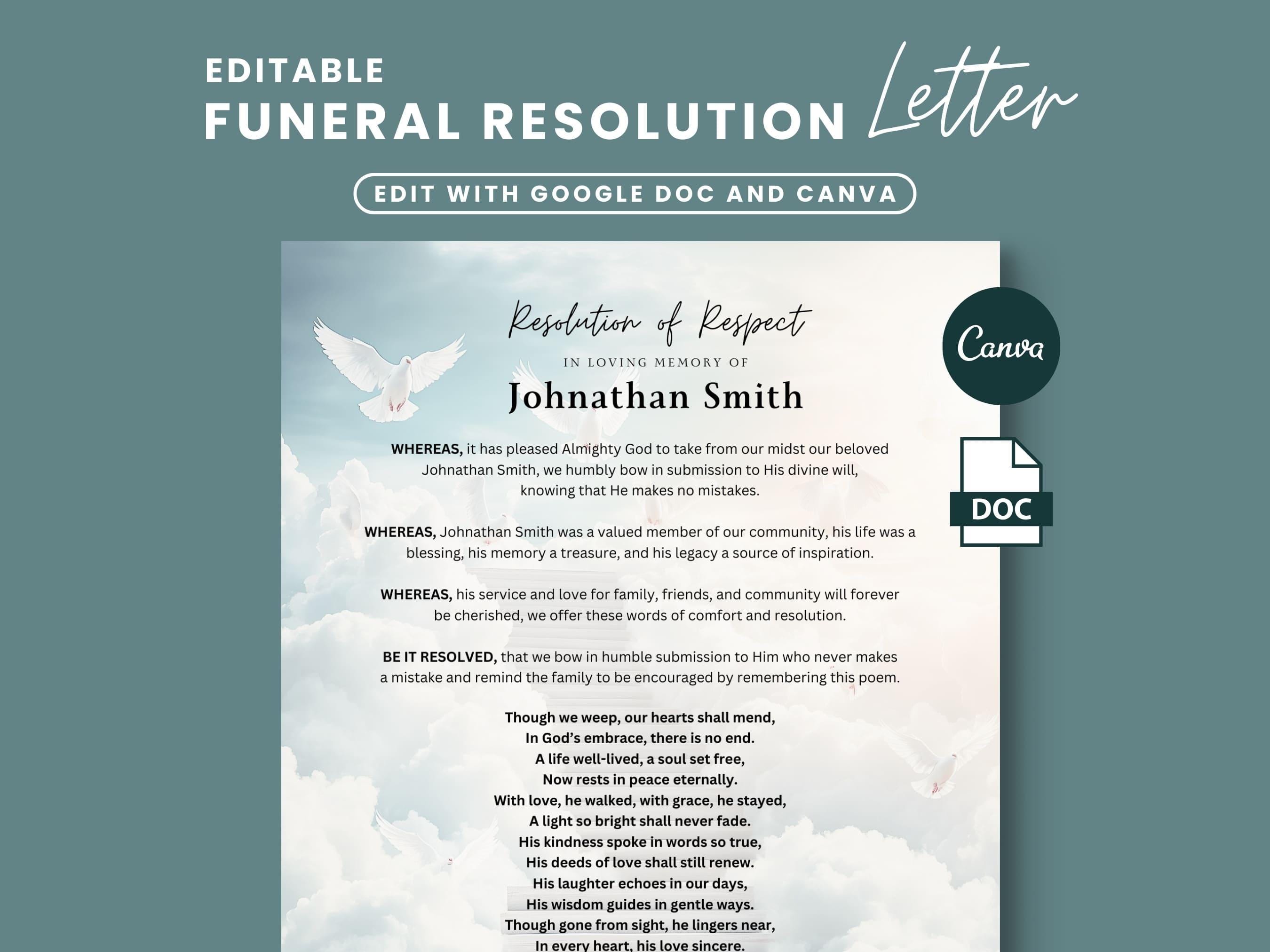 Funeral Resolution Letter, Memorial Resolution, in Loving Memory ...
