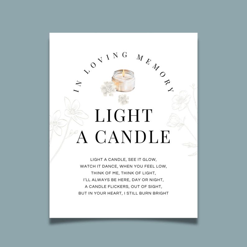 Funeral Poem, Funeral Favors Sign, Verse Light A Candle for Celebration ...