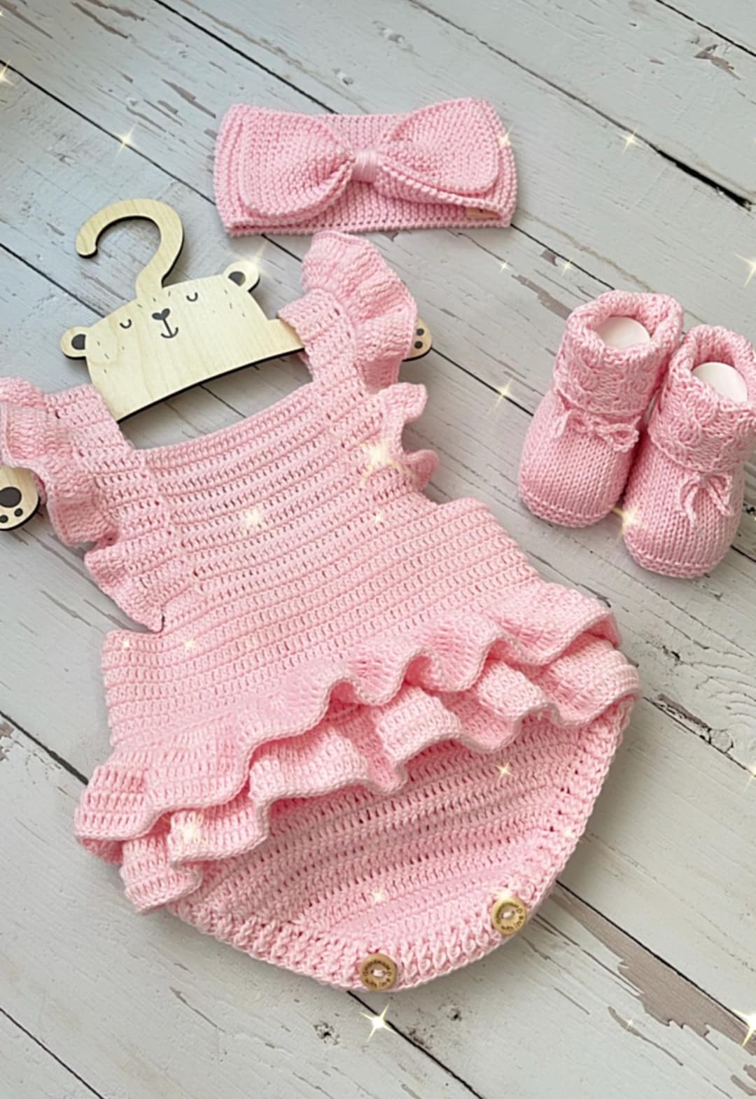 Crochet Baby Outfit Set: Ruffle Romper, Knit Booties & Headband - Etsy
