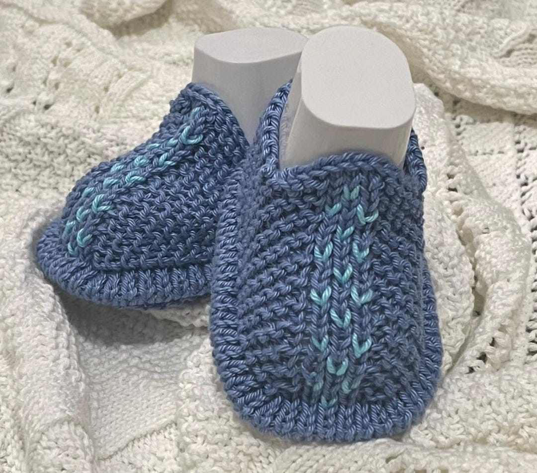Hand Knitted Baby Booties: Soft Blue Cotton With Turquoise Detail - Etsy
