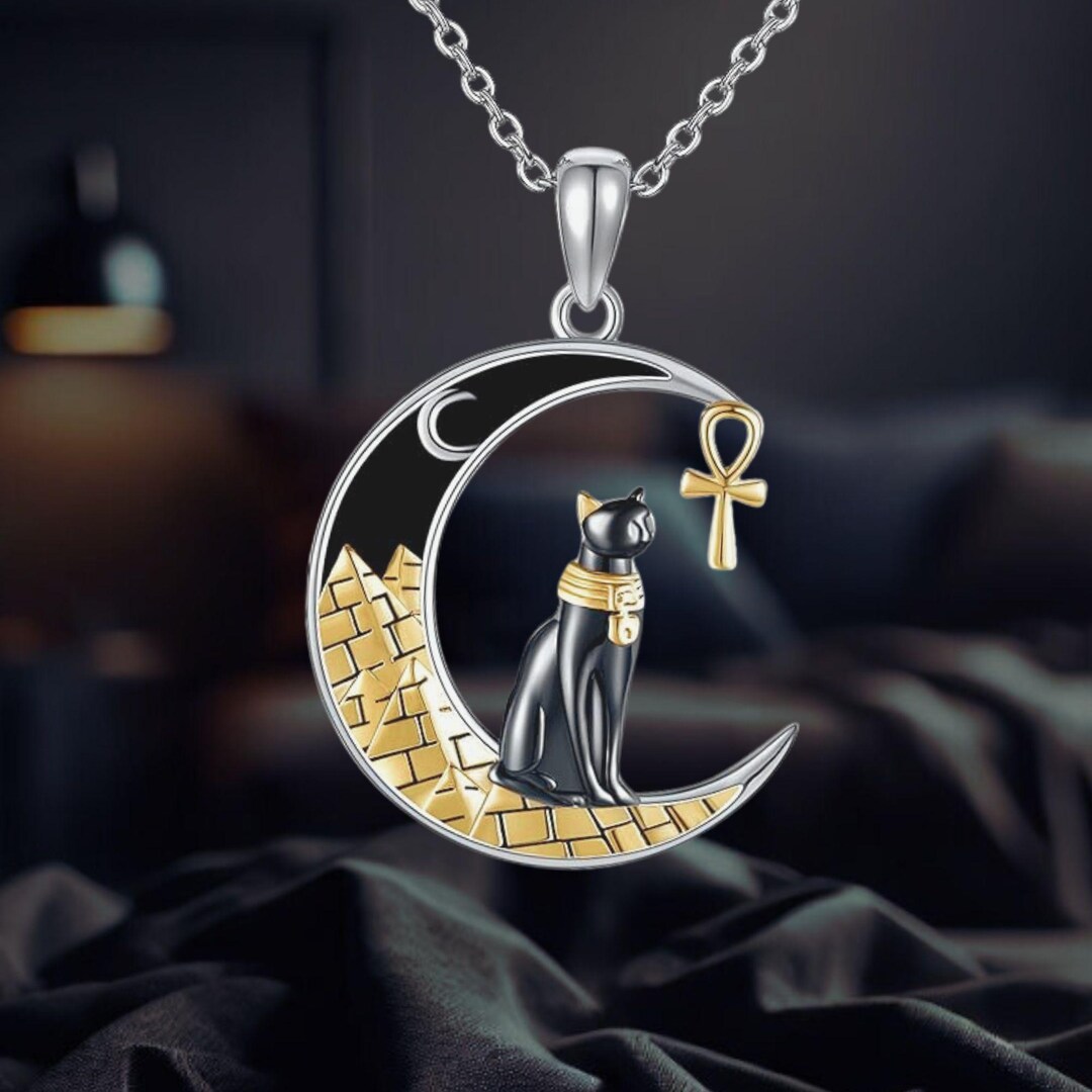 Egyptian Cat Moon Necklace 925 Sterling Silver Bastet Moon Cat Pendant ...