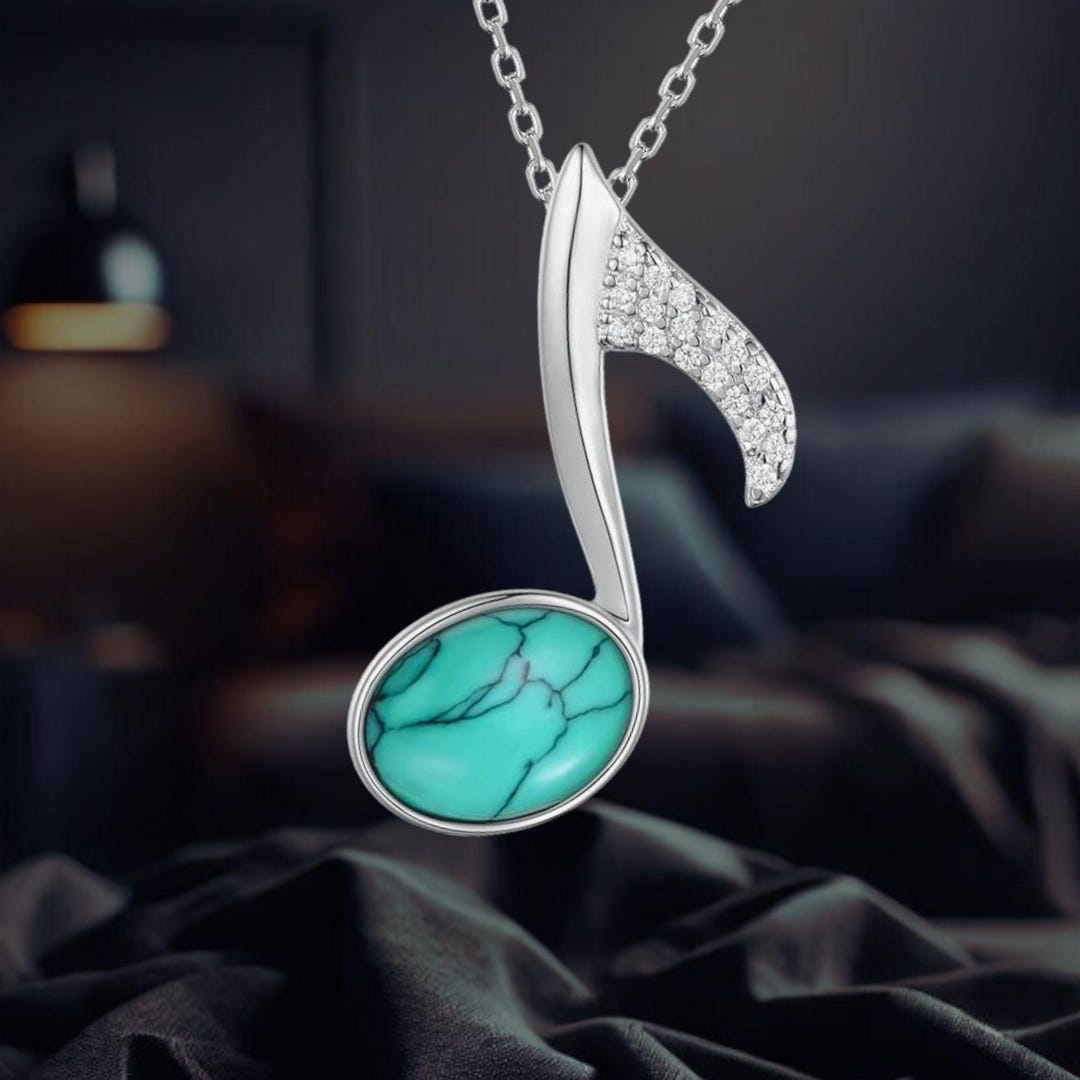 Music Note Necklace 925 Sterling Silver Turquoise Treble Clef Pendant ...
