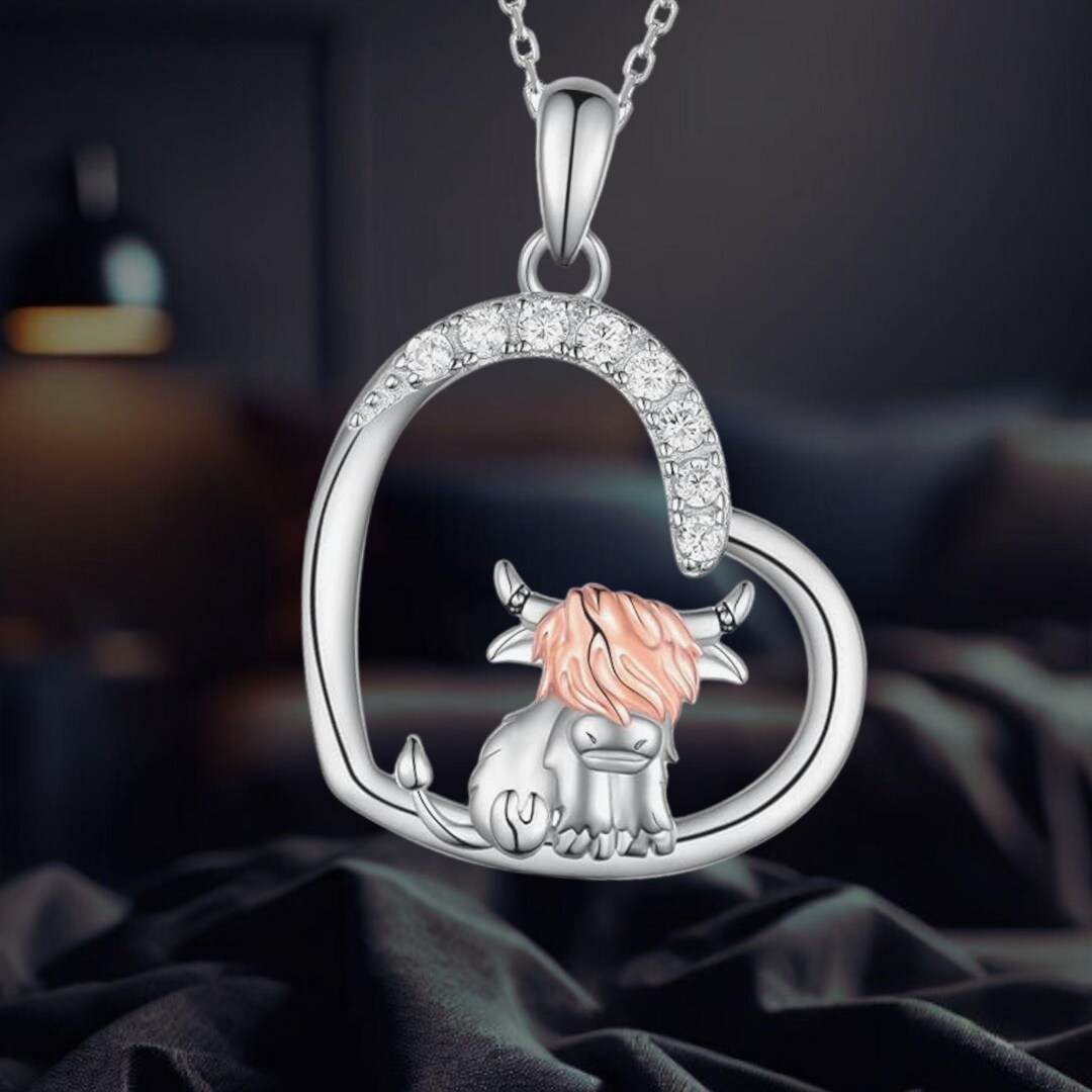 Highland Cow Necklace 925 Sterling Silver Cute Cow Love Heart Cubic ...