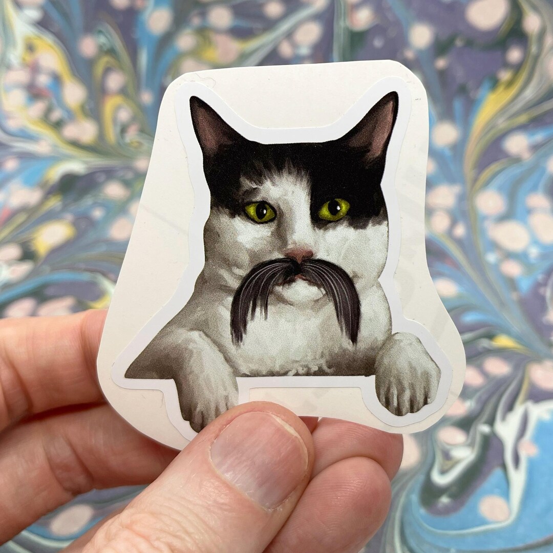 Droopy Moustache Cat Sticker Hand Drawn Waterproof Vinyl for Laptops ...