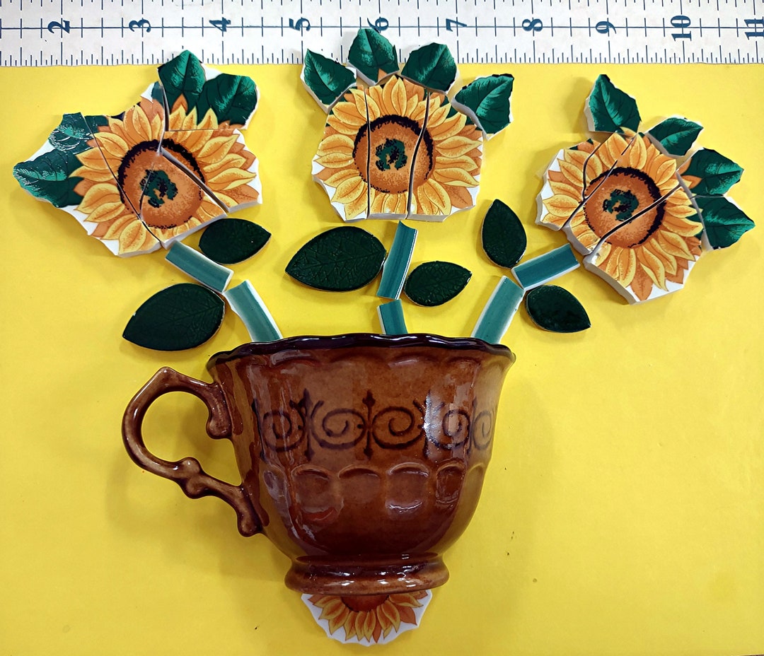 Sunflower Teacup Flowers in Bloom Half Teacup Hand Cut China Mosaic ...