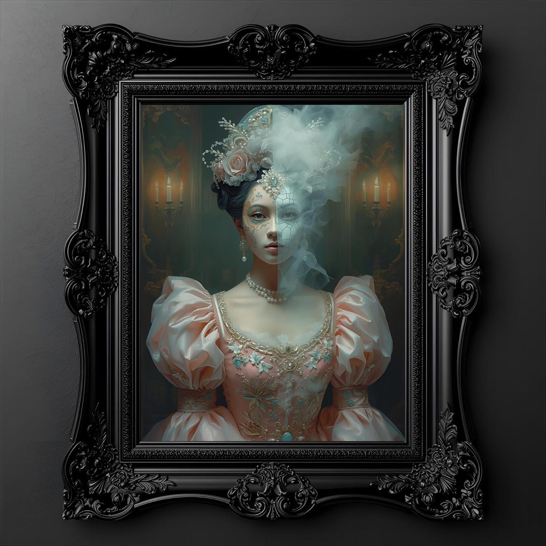 Ghost Masquerade Print, Halloween Moody Rococo Revival Pastel Gown With ...