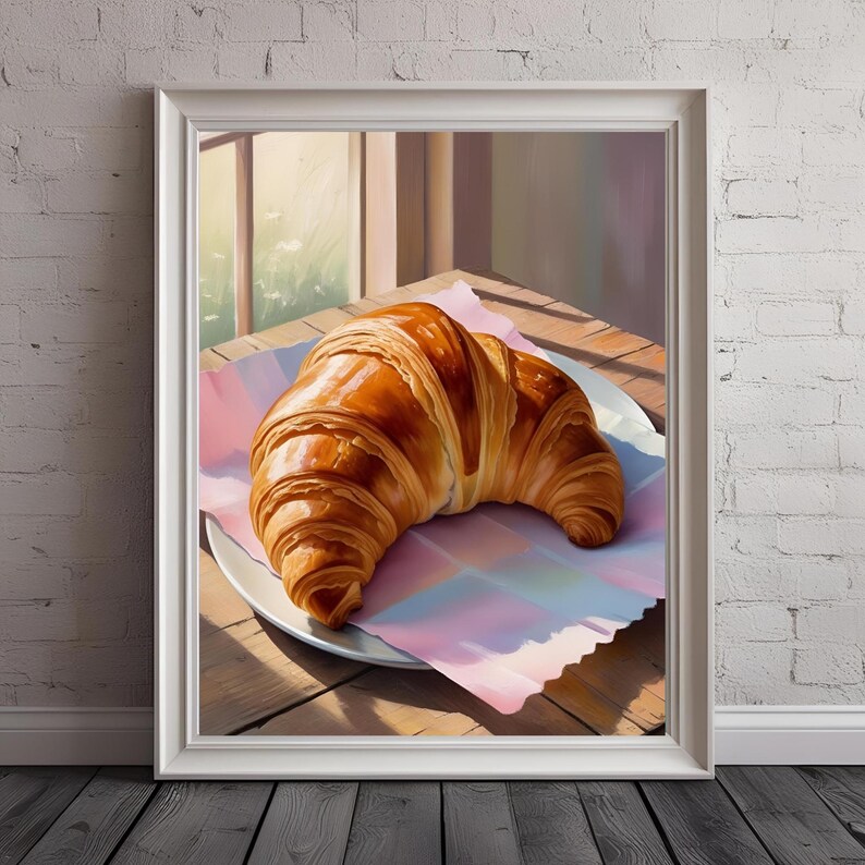 French Croissant Wall Art Print – Realistic Pastry Painting, Rustic ...