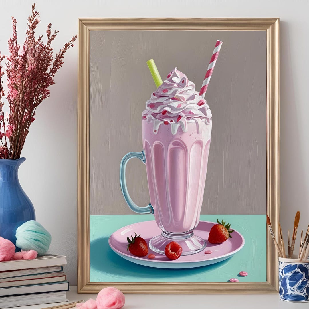 Strawberry Milkshake Wall Art – Whipped Cream Dessert Print, Retro ...