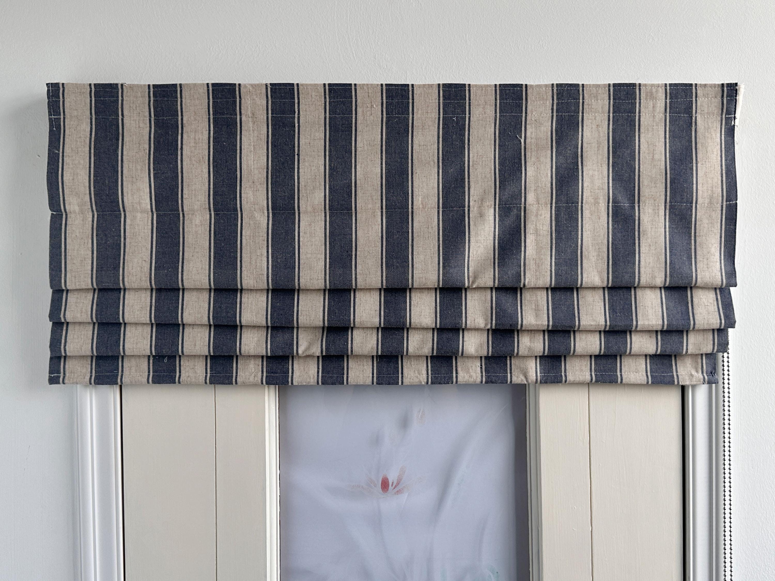 Blue Stripe Flat Roman Shade, Custom Fabric Modern Shades, Chain ...