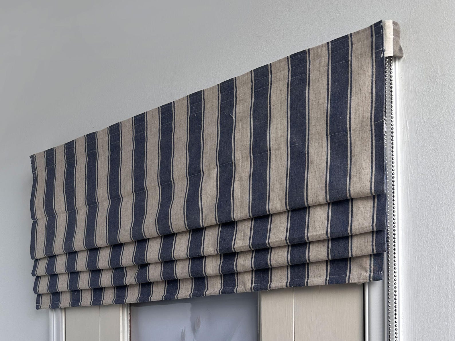 Blue Stripe Flat Roman Shade, Custom Fabric Modern Shades, Chain ...