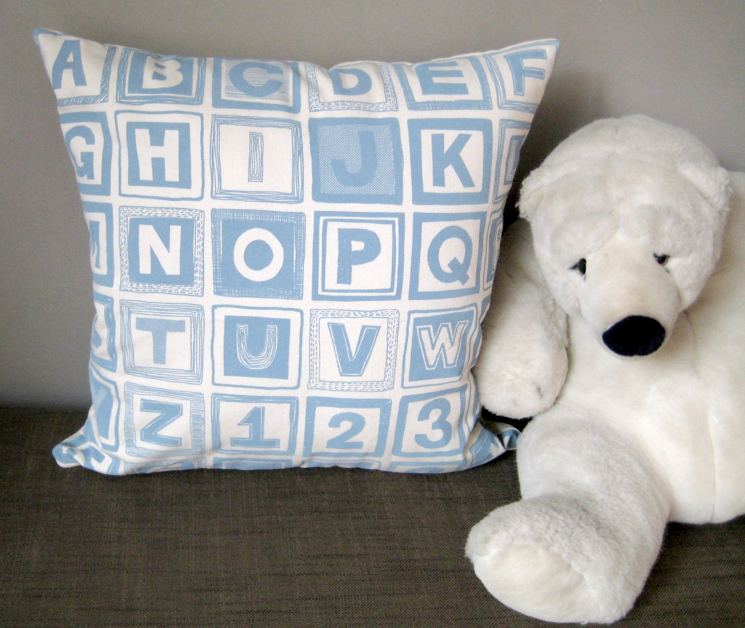 ABC Alphabet Cotton Cushion Cover in Blue and Linen - Etsy