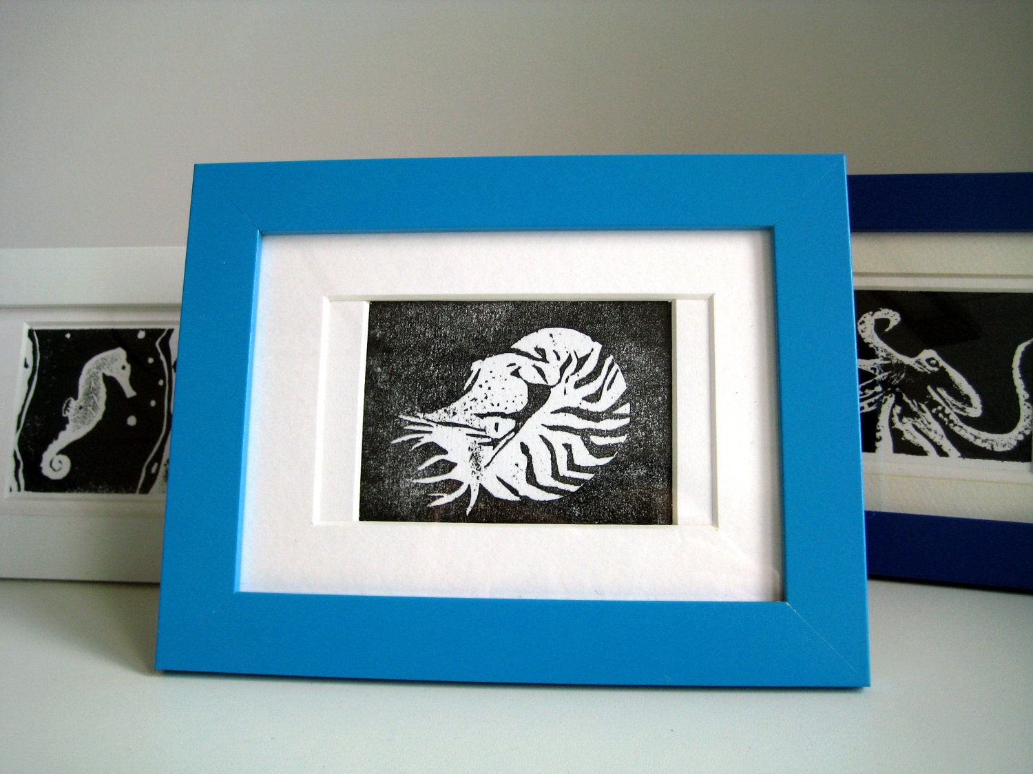 Nautilus Mounted Linocut in Blue Frame | Etsy