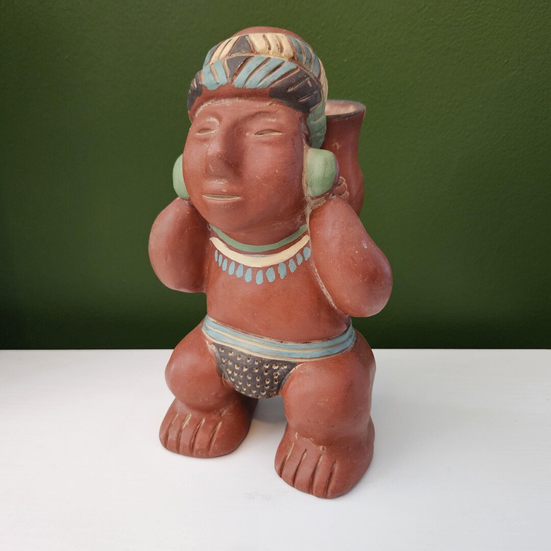Vintage Terracotta Folk Art Mayan Man Planter Decor Sculpture Water ...