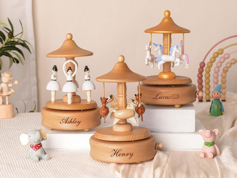 Personalized Wooden Music Box, Engraved Name Carousel Melody, Custom ...