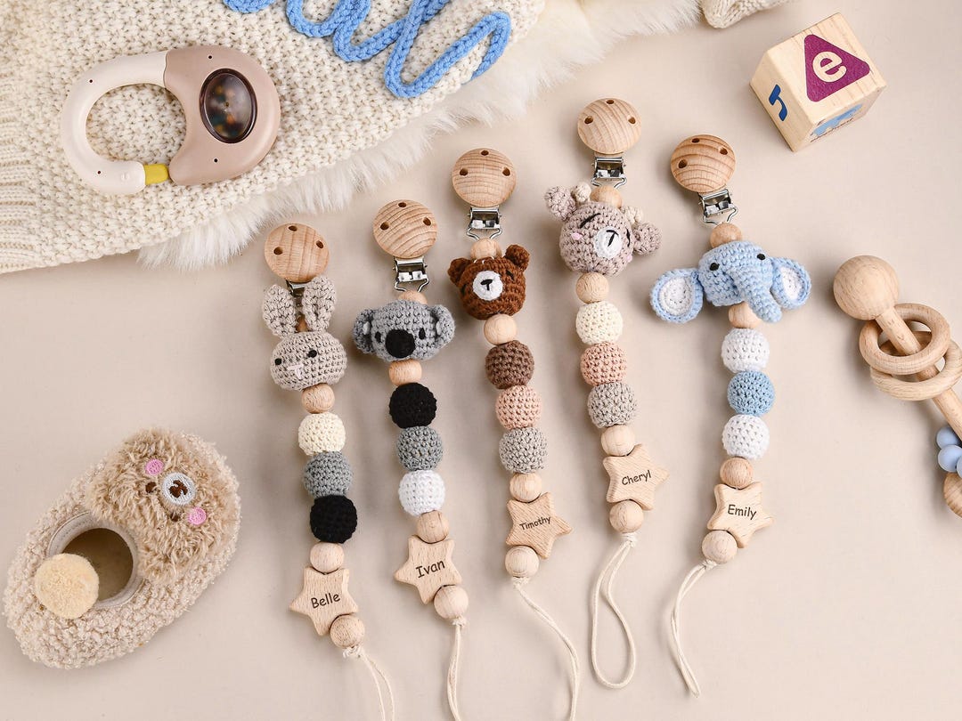 Personalized Dummy Clip With Crocheted Animal for Baby Shower Gift ...
