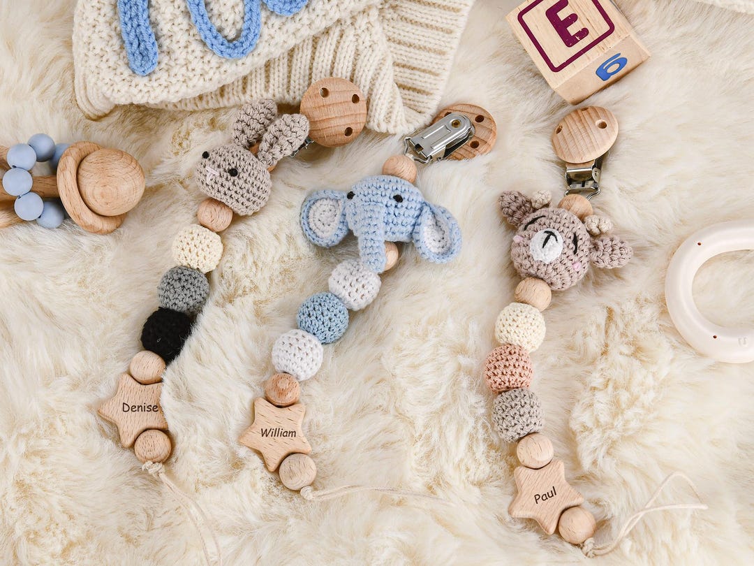 Engraved Dummy Clip With Name Gift for Baby,handmade Crochet Baby ...